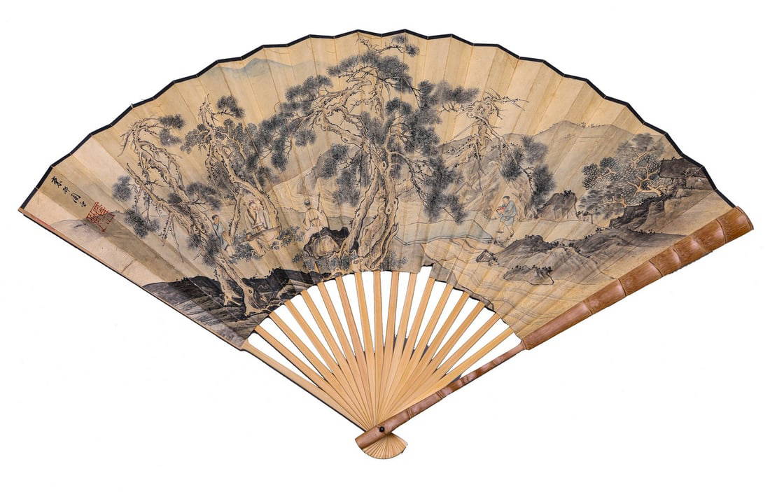 Zhou Chen: Color And Ink 'boya And Ziqi' Fan Painting Auction