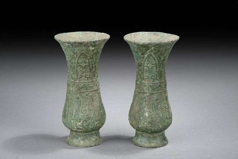 A Pair Of Archaic Bronze 'phoenix' Bottles