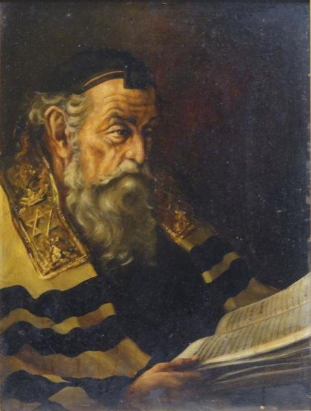 Judaic Painting Rabbi Wearing Tefilin / Phylacteries