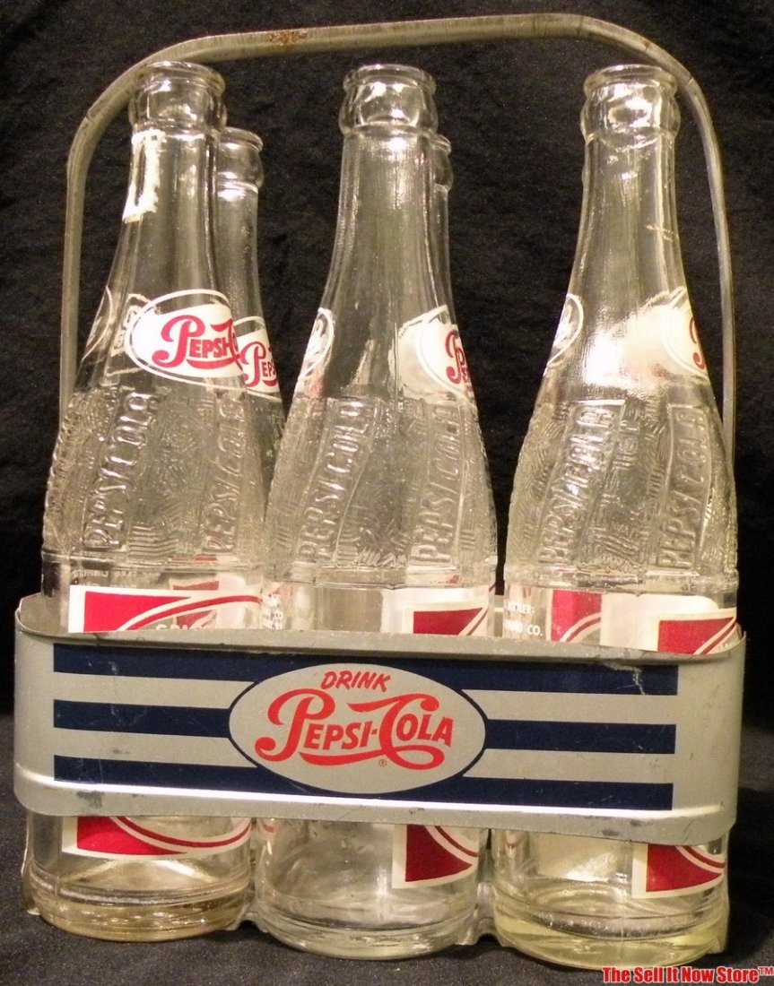 1950s Pepsi Embossed Metal Carrier 6 Glass Bottles