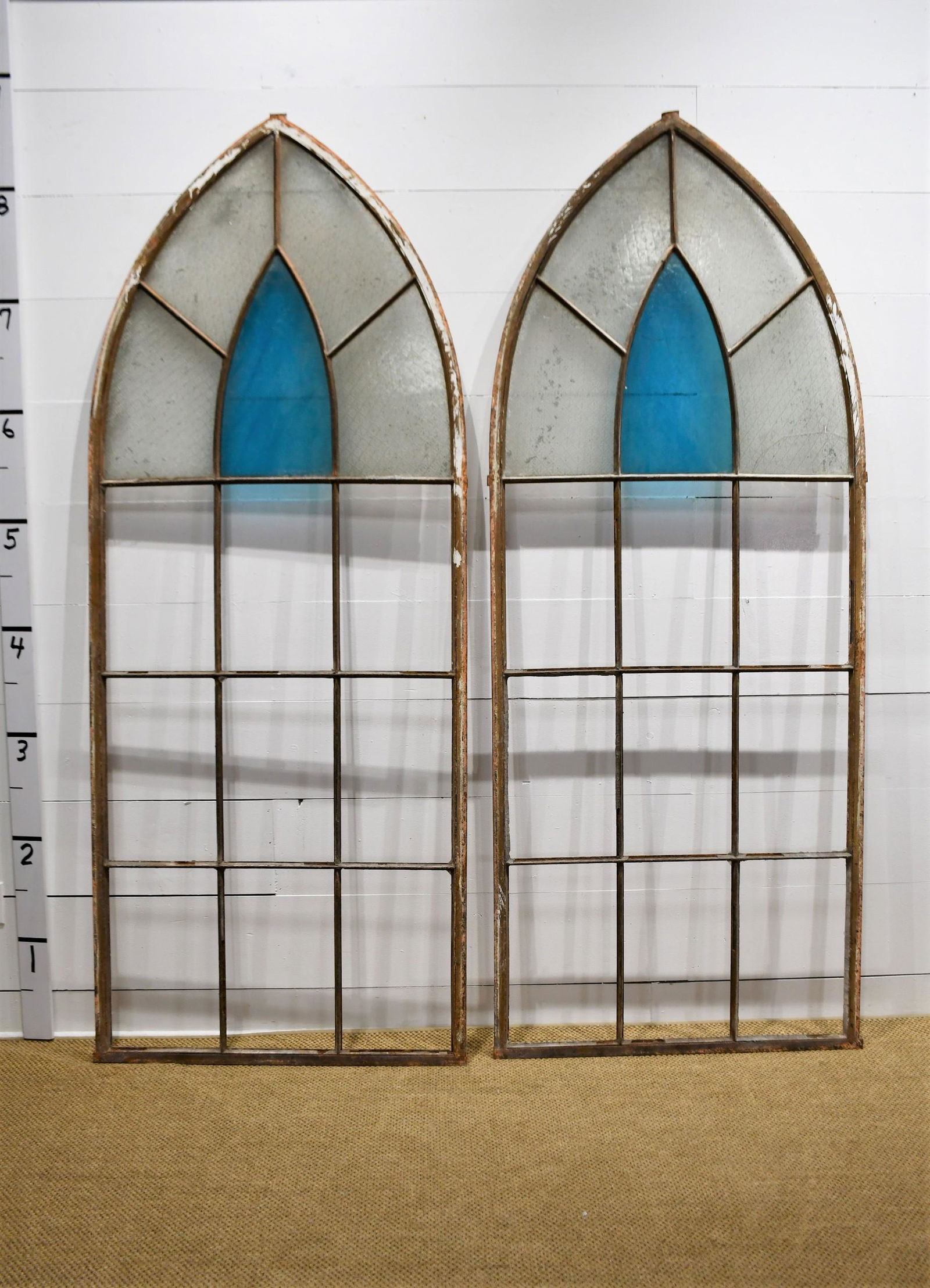 Pair of Iron Gothic Window Frames w/ Stained Glass 105"H (8 ft. 9 in ...