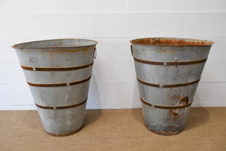 2 PC Large Galvanized Rain Barrels 38"H x 31" Diam. / 37"H x 32" Diam ...