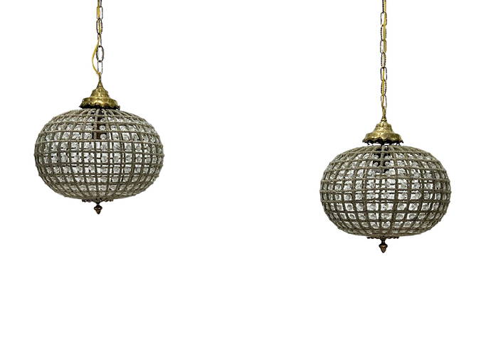 Pair of Small Brass / Crystal Ball Pendant Lights 15"H (top of fixture ...