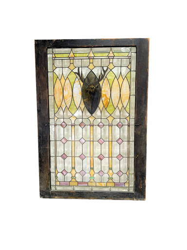 Large Stained Glass Landing Window From Lodge In Montana / 84 3/8"h X 58"l