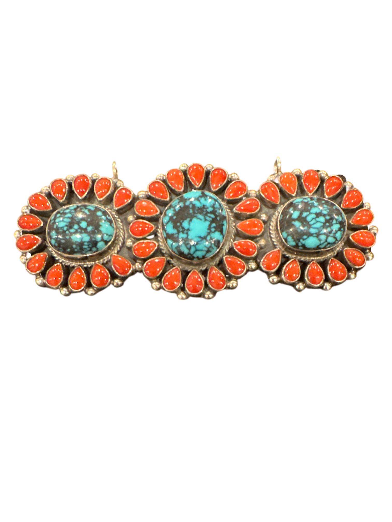 Sterling,turquoise,& Red Coral Pin / Pendent Marked Geneva J.a.; 3 1/2 ...