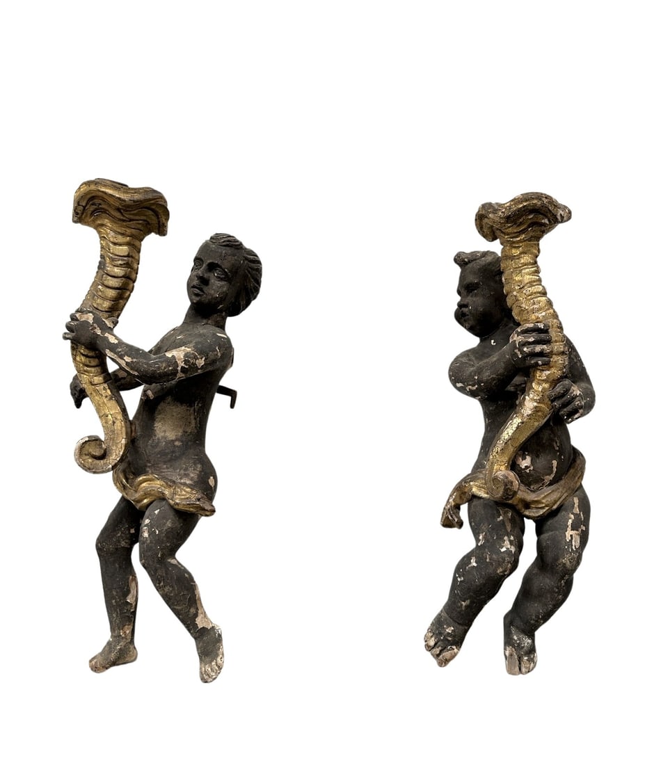 Pair Of 18th. Century Cathedral French Angels 52"h, 18"l, 18 1/2"w Auction