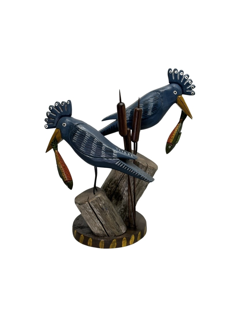 Hand Carved Painted Wooden Birds W/ Fish Artist - Ronald Derrow / 15 3/ ...