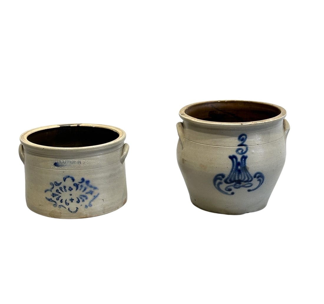 2pc. Lot Of Decorated Stoneware Crocks 7 3/8"h, 11 1/2" X 10 3/4" / 9 3 ...