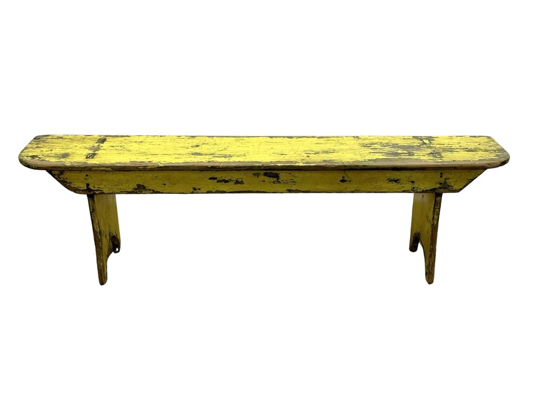 Pa. Yellow Painted Mortised Bench 18 7/8"h, 66 3/4"l, 12 5/8"w Auction