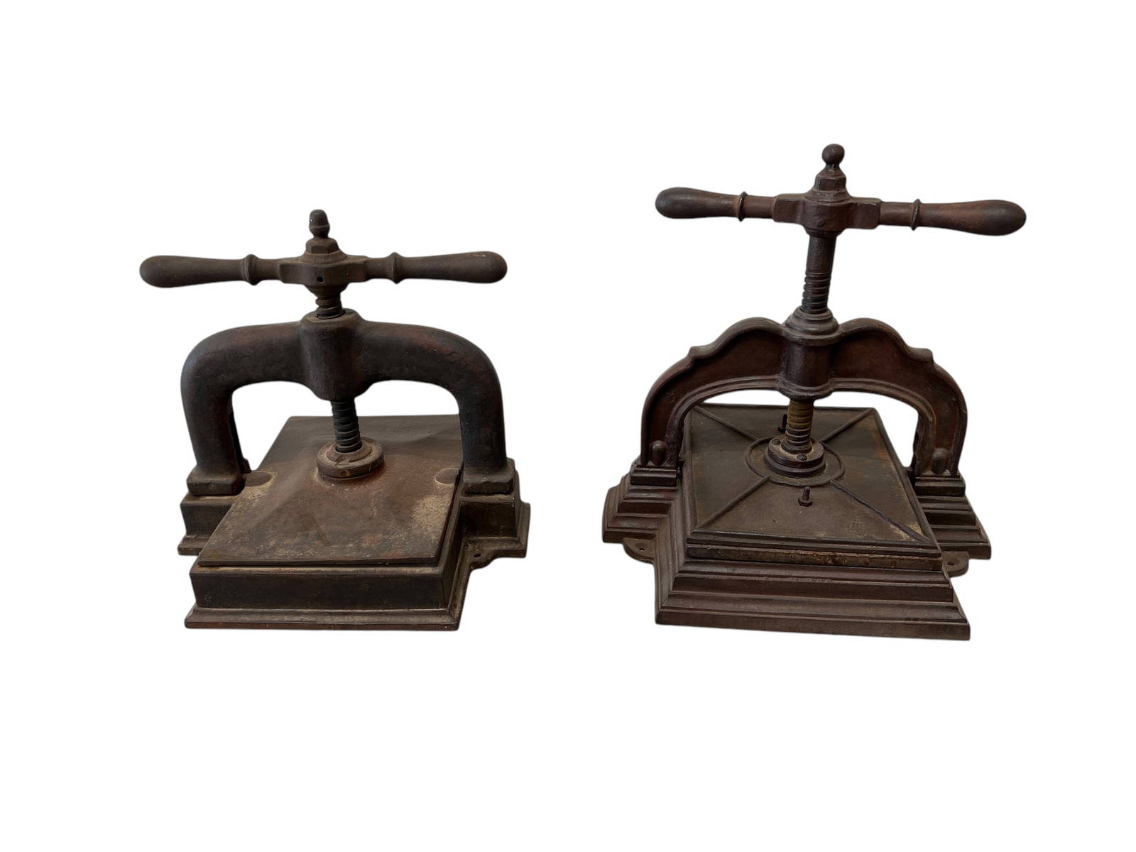 2pc. Lot Of Iron Book Presses 15 1/2"h, 15 1/2"l, 12"w / 13 1/2"h, 13"l ...