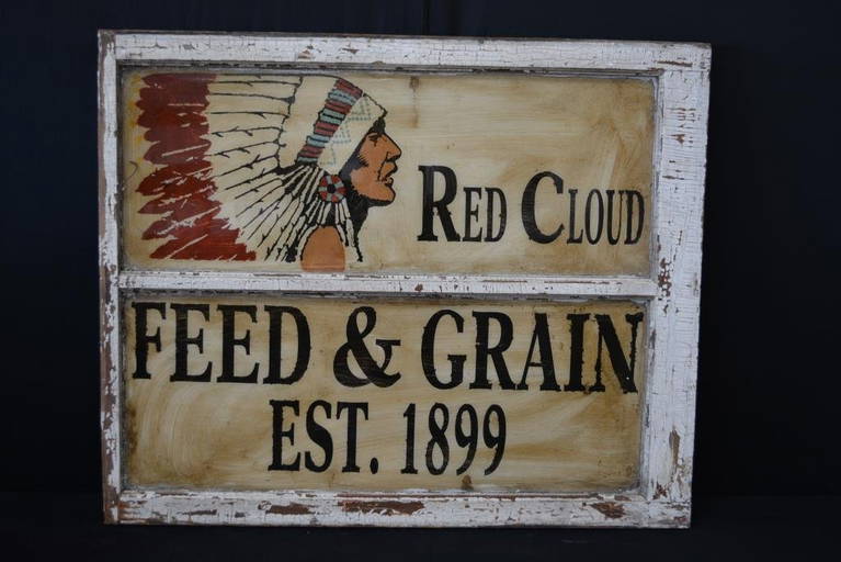 Red Cloud Feed & Grain Sign Painted On Glass 33" X