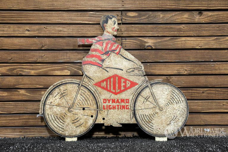 1910s Miller Dynamo Lighting Bicycle Cut-Out Tin Sign (#1055) on Sep 01 ...