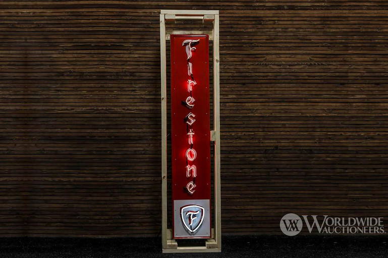1950s Firestone Tires Vertical Single Sided Tin And Neon Sign