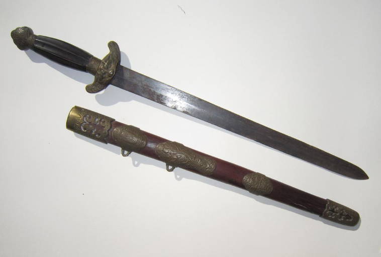 A Chinese Long Quan Sword With Bronze Mount
