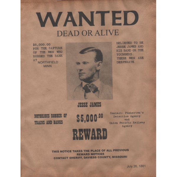 Jesse James Old West Wanted Poster