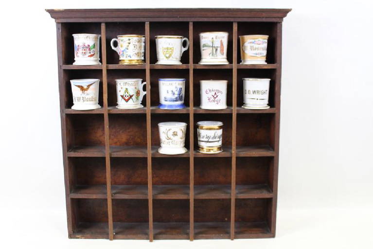 Barber Shop Shaving Mug Cabinet & 12 Shaving Mugs