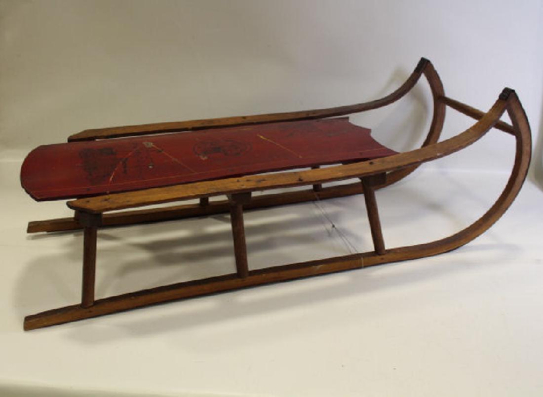 Victorian Era Paint Decorated Sled w/ Dog & Ship