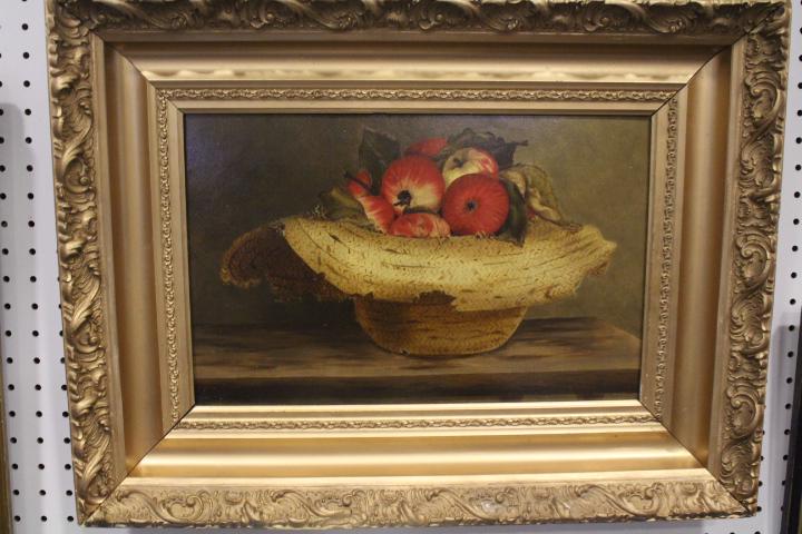 Oil On Board Still Life Of Fruit In Tattered Straw Hat