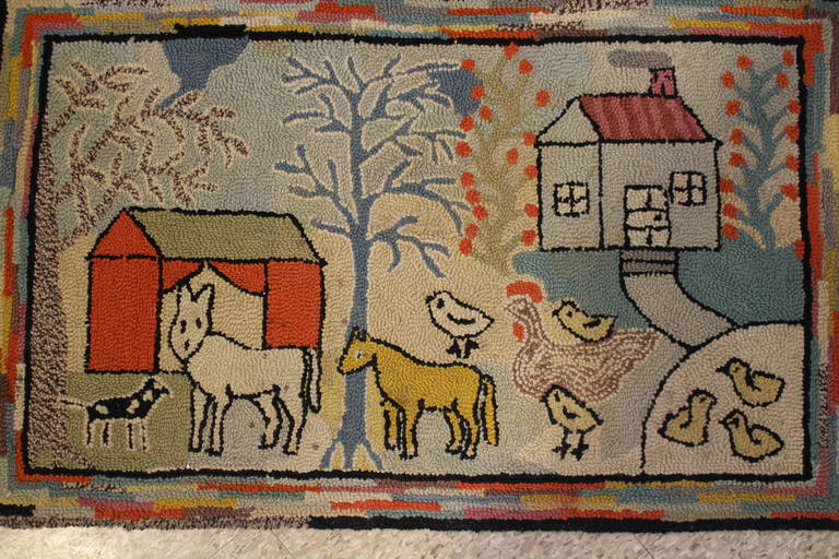Early 1900s Hooked Rug W/ Farm Scene