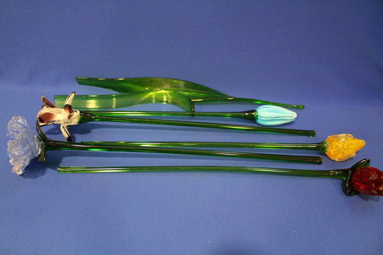5 Blown Murano Like Glass Long Stem Flowers