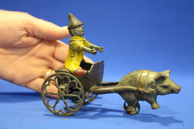 19th C Cast Iron Gong Bell Pig Pulling Clown Driver In Cart