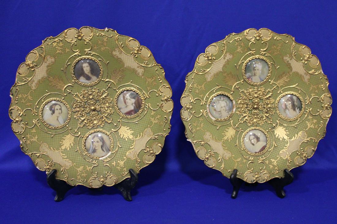 Pair Victorian Wall Plaques With Miniature Watercolor Portraits