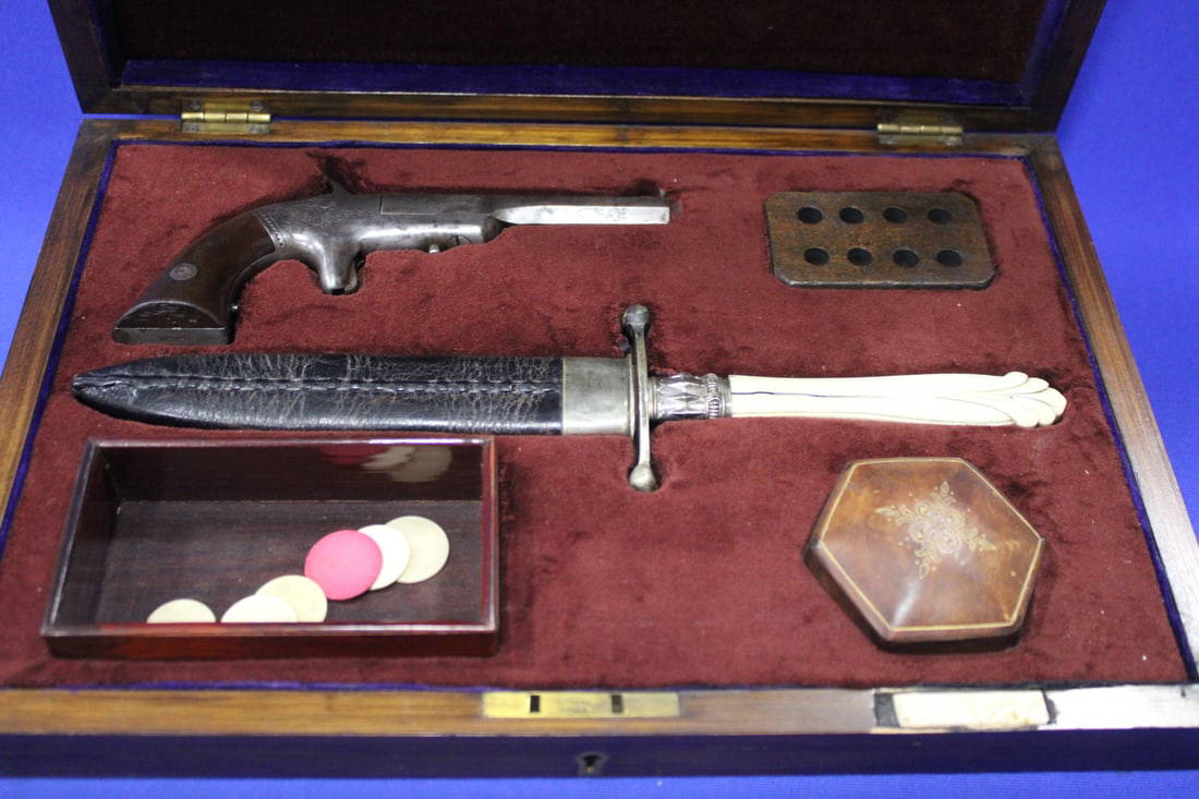 1800's Cased Gambler's Box W/ Pistol, Bowie Knife & More Auction
