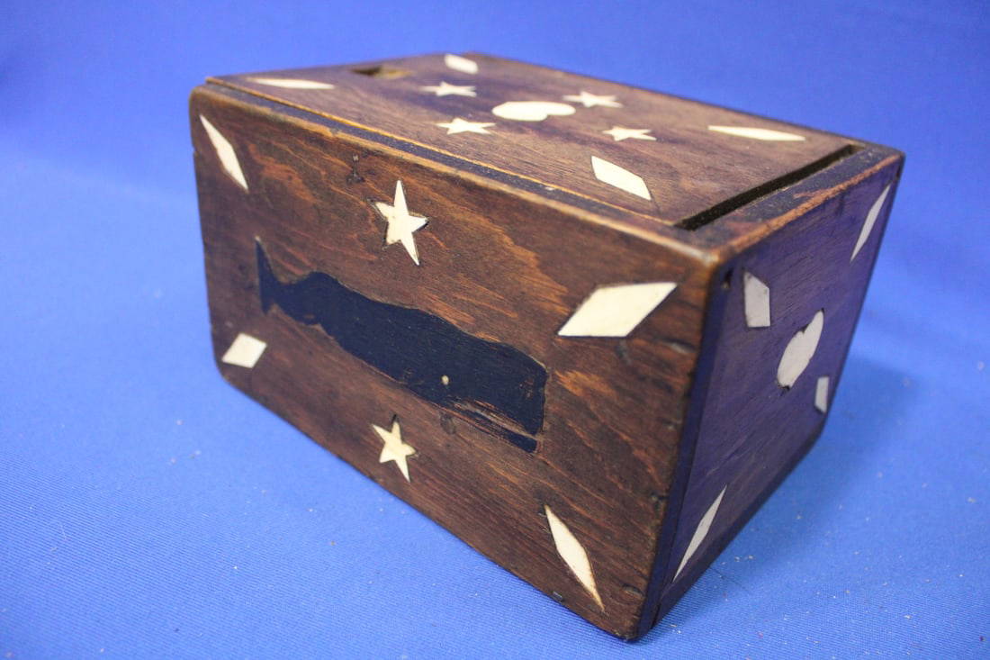Sailor Made Slide Lid Inlaid Box W/ Whales, Hearts & Stars Auction