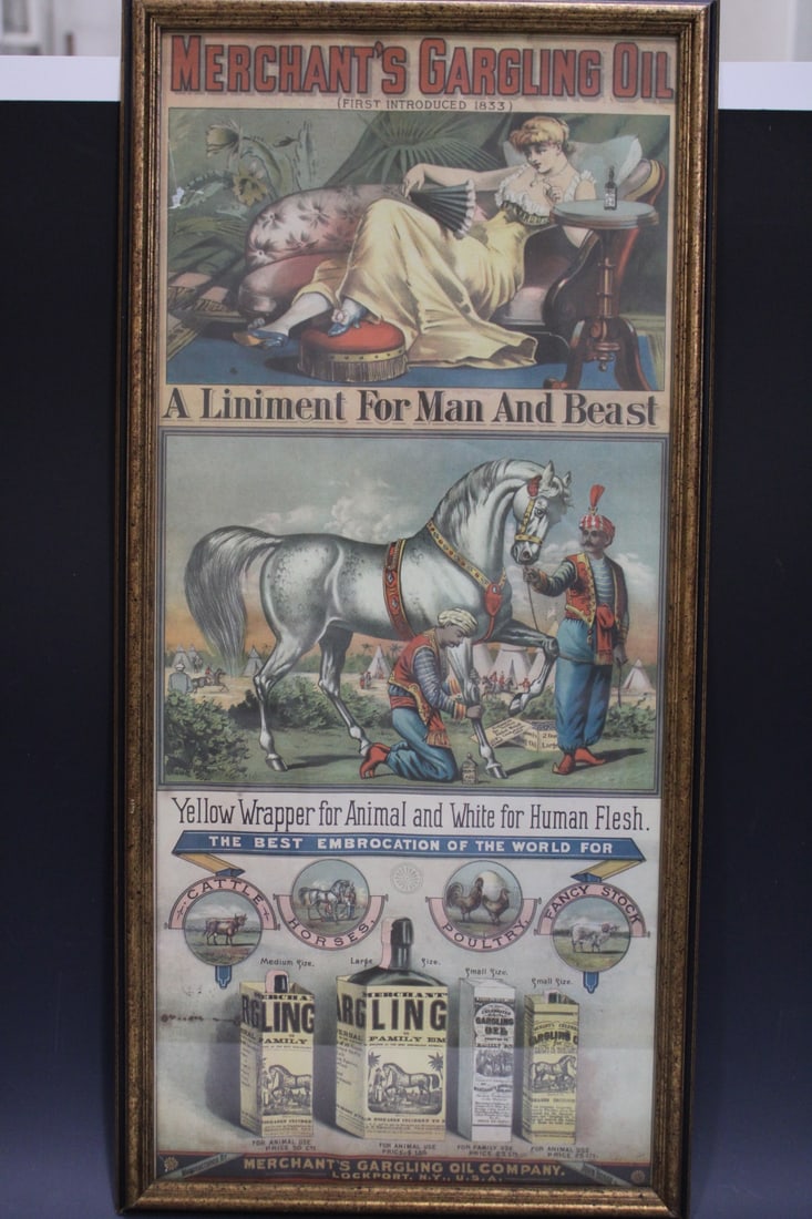 1890s Framed Liniment / Gargling Ad / Sign Auction
