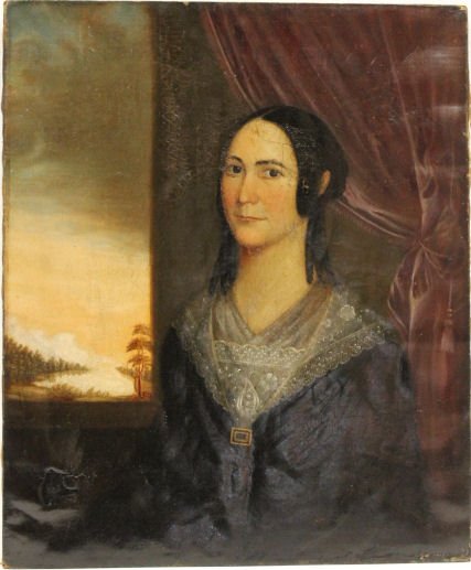 Oil Canvas Portrait Woman Near Window C.1840s