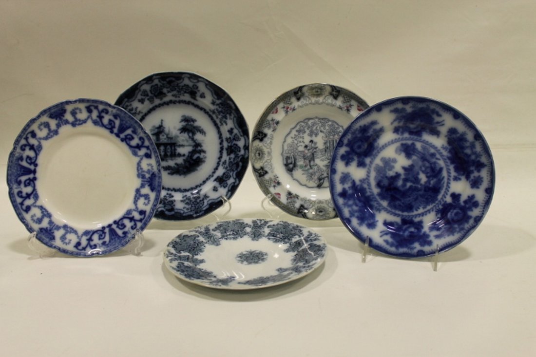 5 Transferware Flow Blue Plates
