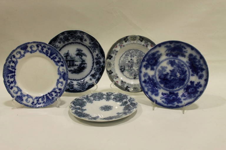 5 Transferware Flow Blue Plates