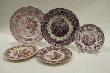 Eight Red Transferware Plates