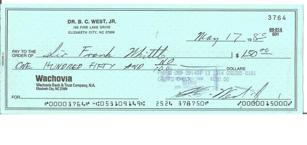 Frank Whittle Signed To Reverse Of 1985 Us Bank Cheque