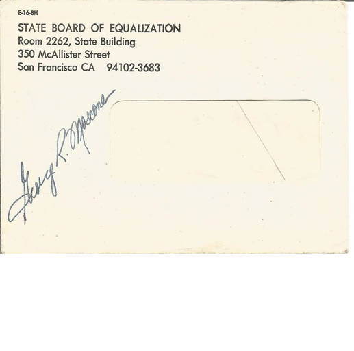 George Richard Moscone Signed Envelope State Board Of