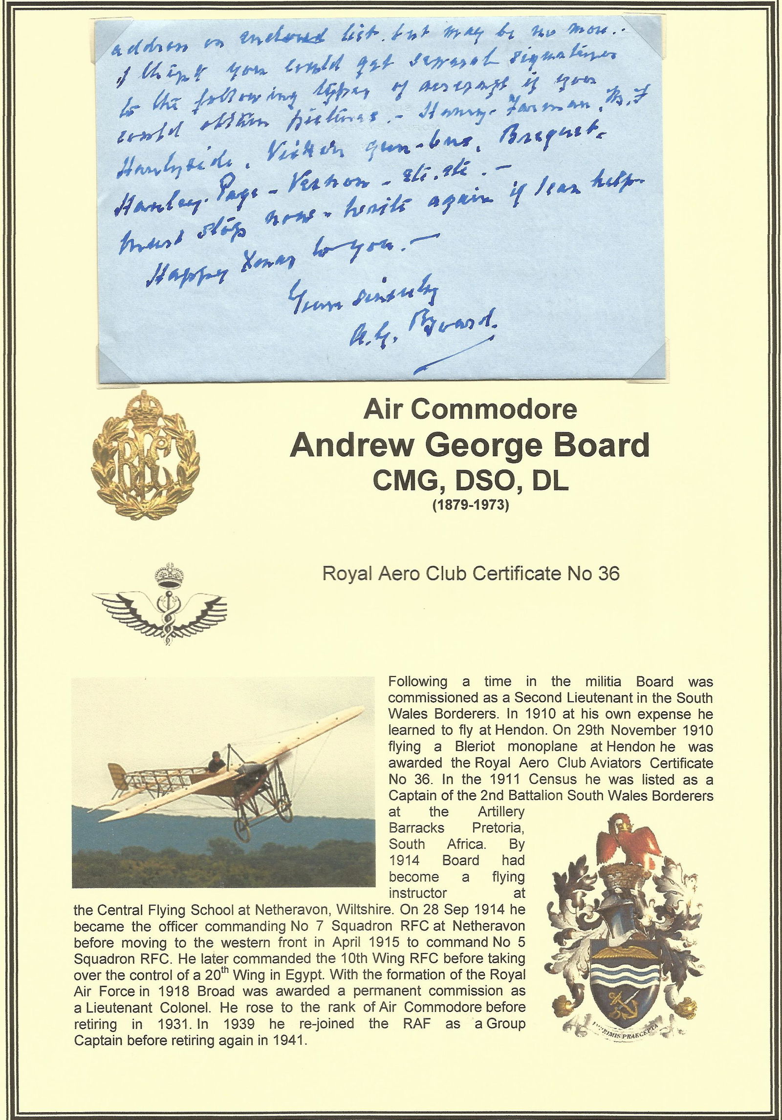 Air Commodore Andrew George Board Cmg Dso Dl Signed