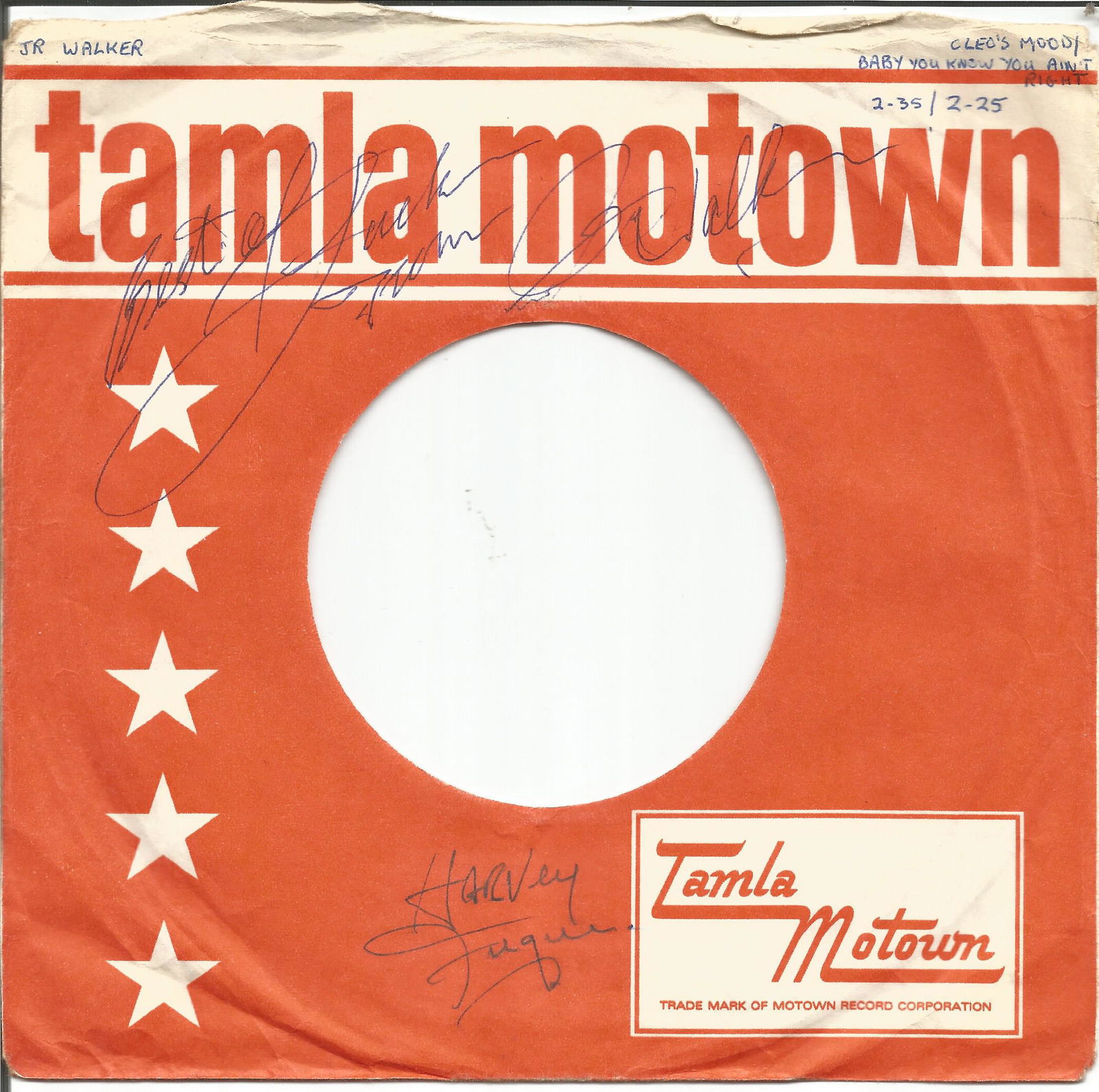J.r Walker And Harvey Fuqua Signed Tamla Motown Record