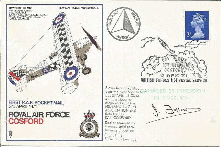 J Follow Signed First Raf Rocket Mail Cover Raf Museum