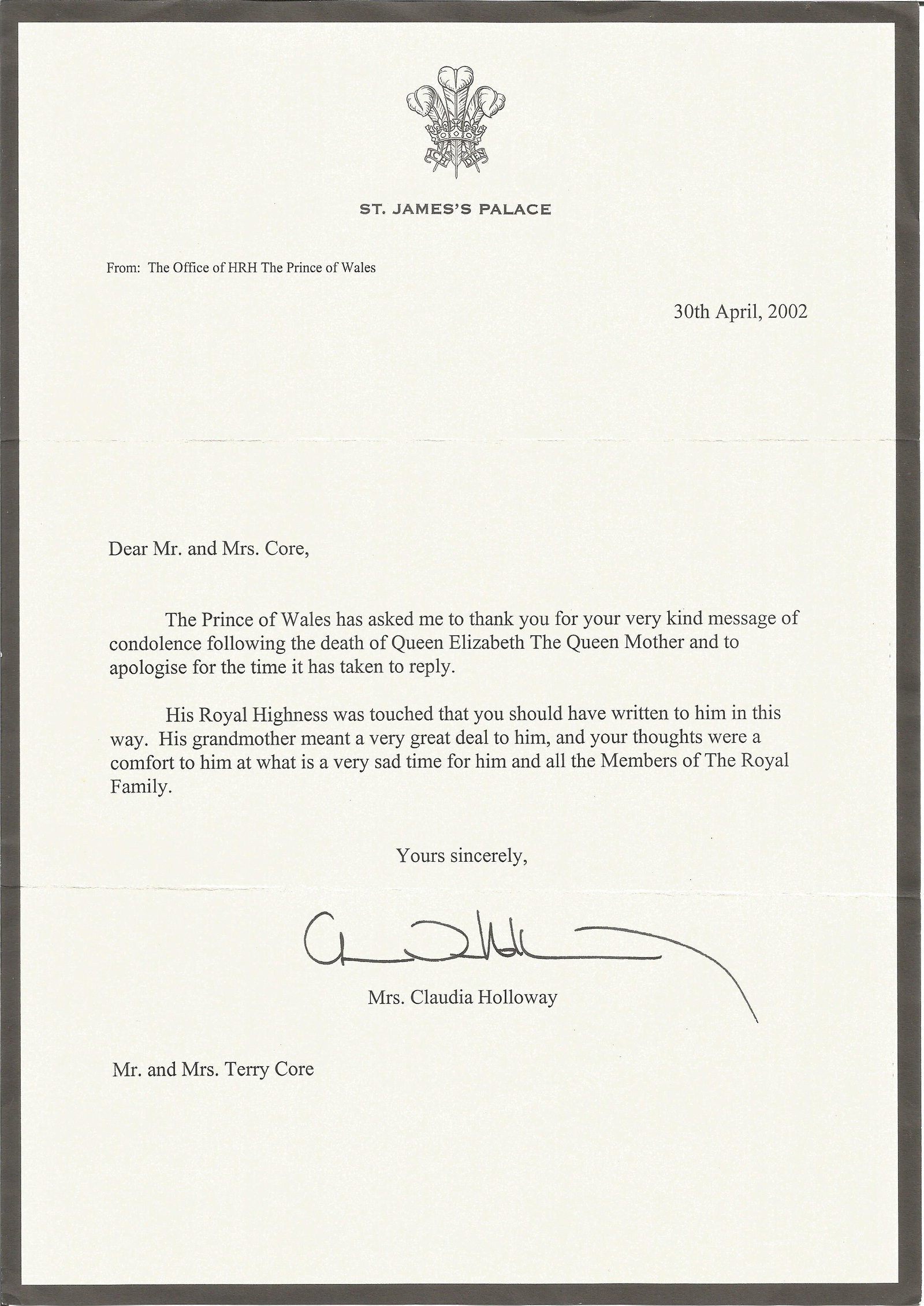 Letter from The Office of HRH The Prince of Wales - Jan 06, 2020 ...