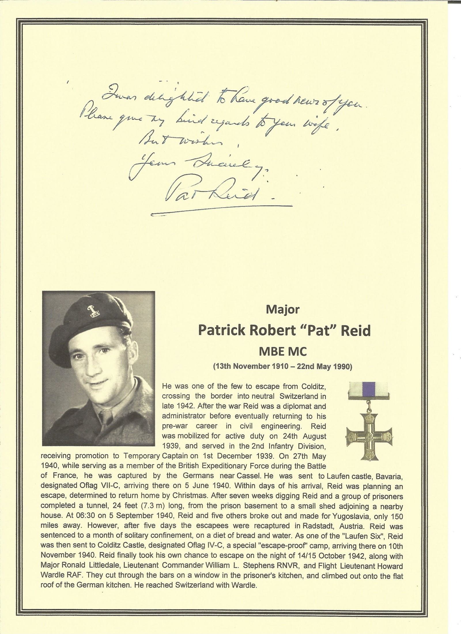 Colditz Ww2 First Escaper Major Patrick Robert Pat Reid