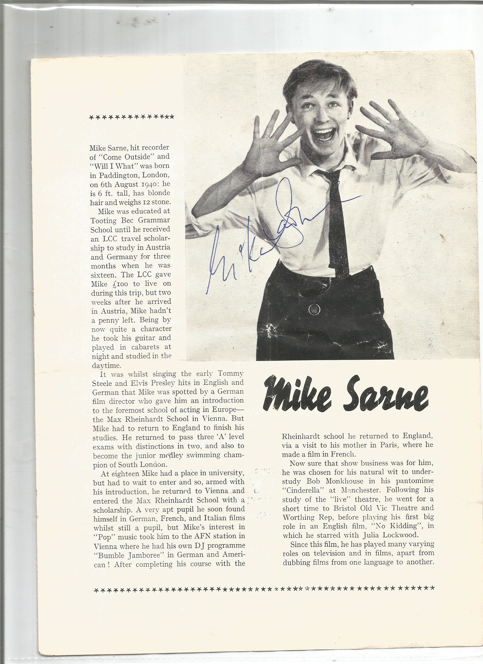 Mike Sarne Singer Signed Vintage 1960s Programme - Aug 14, 2020 ...