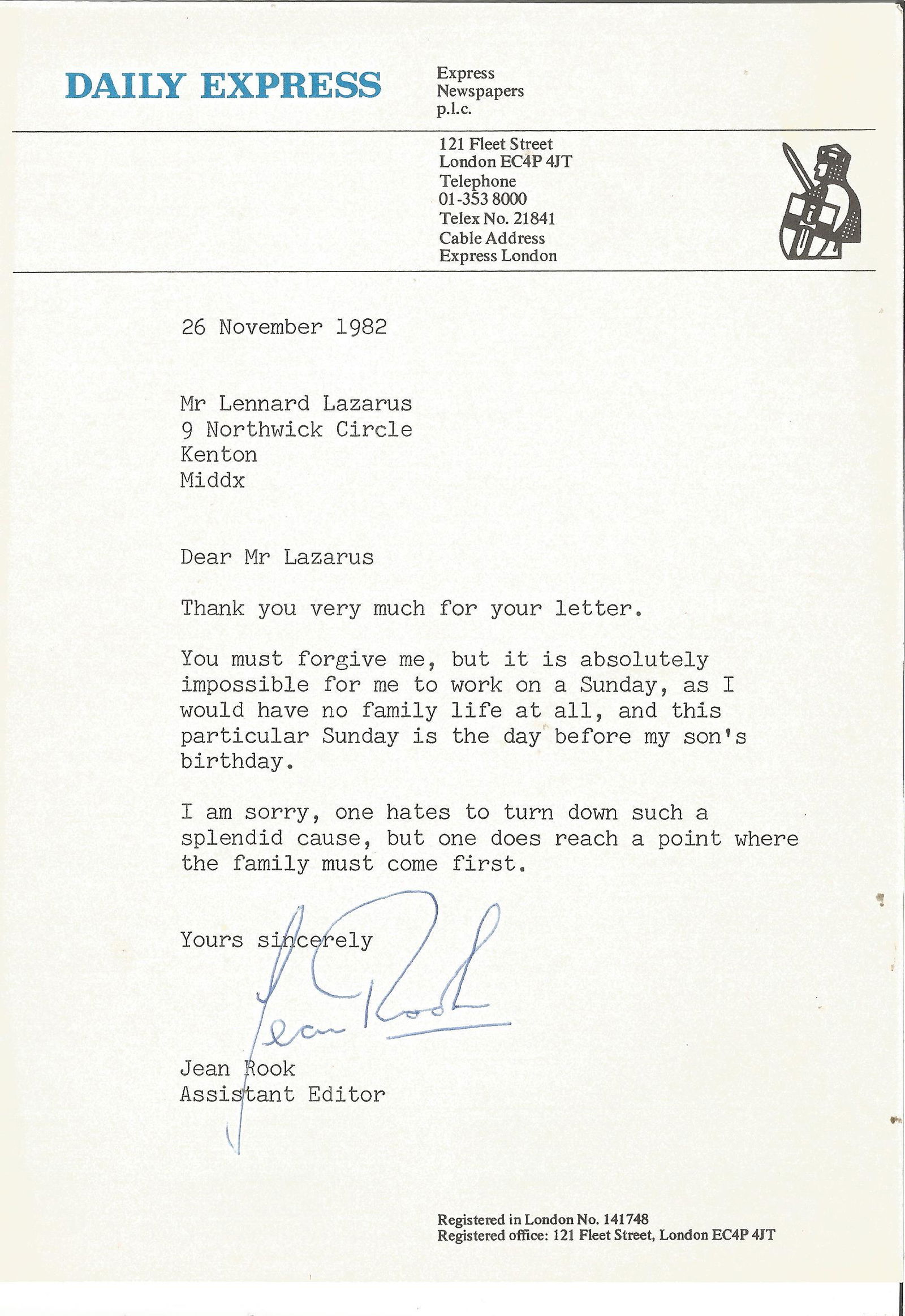 Jean Rook Tls Dated 26th Nov 1982 On Daily Express
