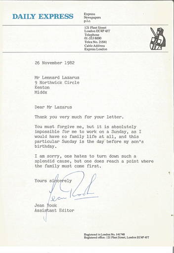 Jean Rook Tls Dated 26th Nov 1982 On Daily Express