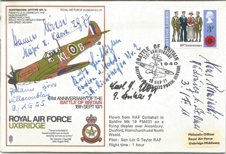 Luftwaffe Ww2 Multiple Signed Cover 24 Sc 30 Spitfire