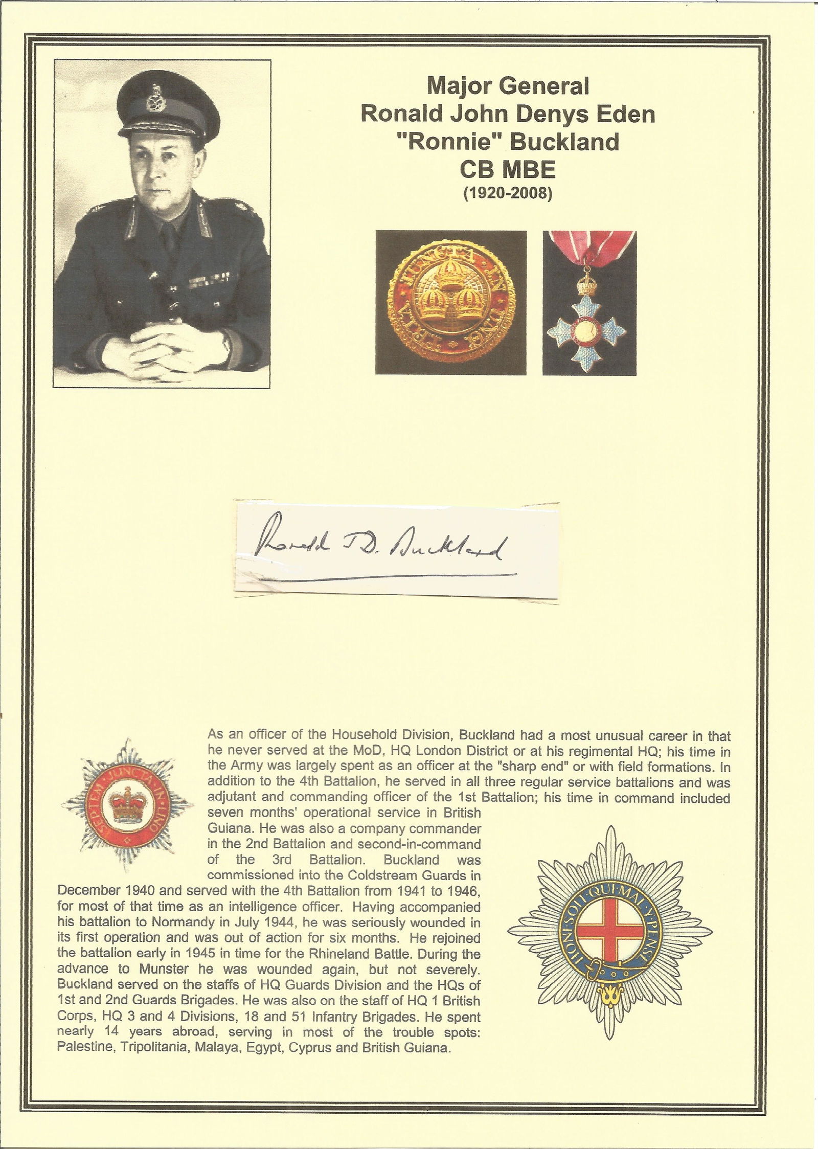 Major General Ronald John Denys Eden Ronnie Buckland Cb