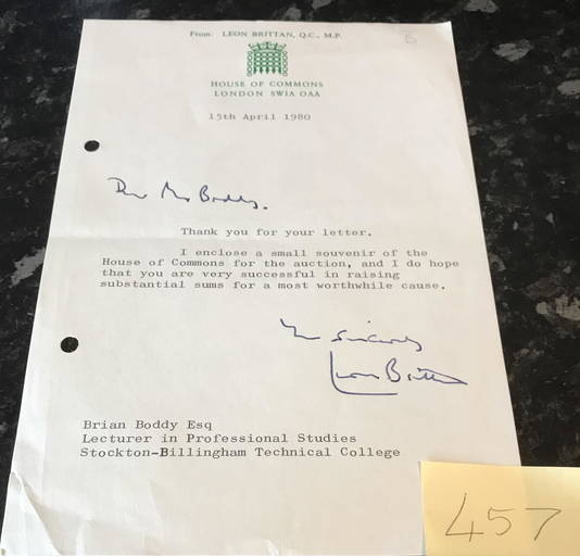 Leon Brittan Tls On House Of Commons Notepaper Dated