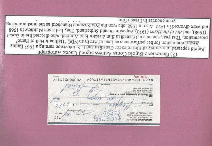 Genevieve Bujold Signed Personal Cheque Attached To A4