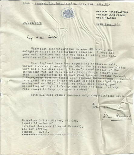 Ww2 And Great War Gen Sir John Harding Dso Mc Typed