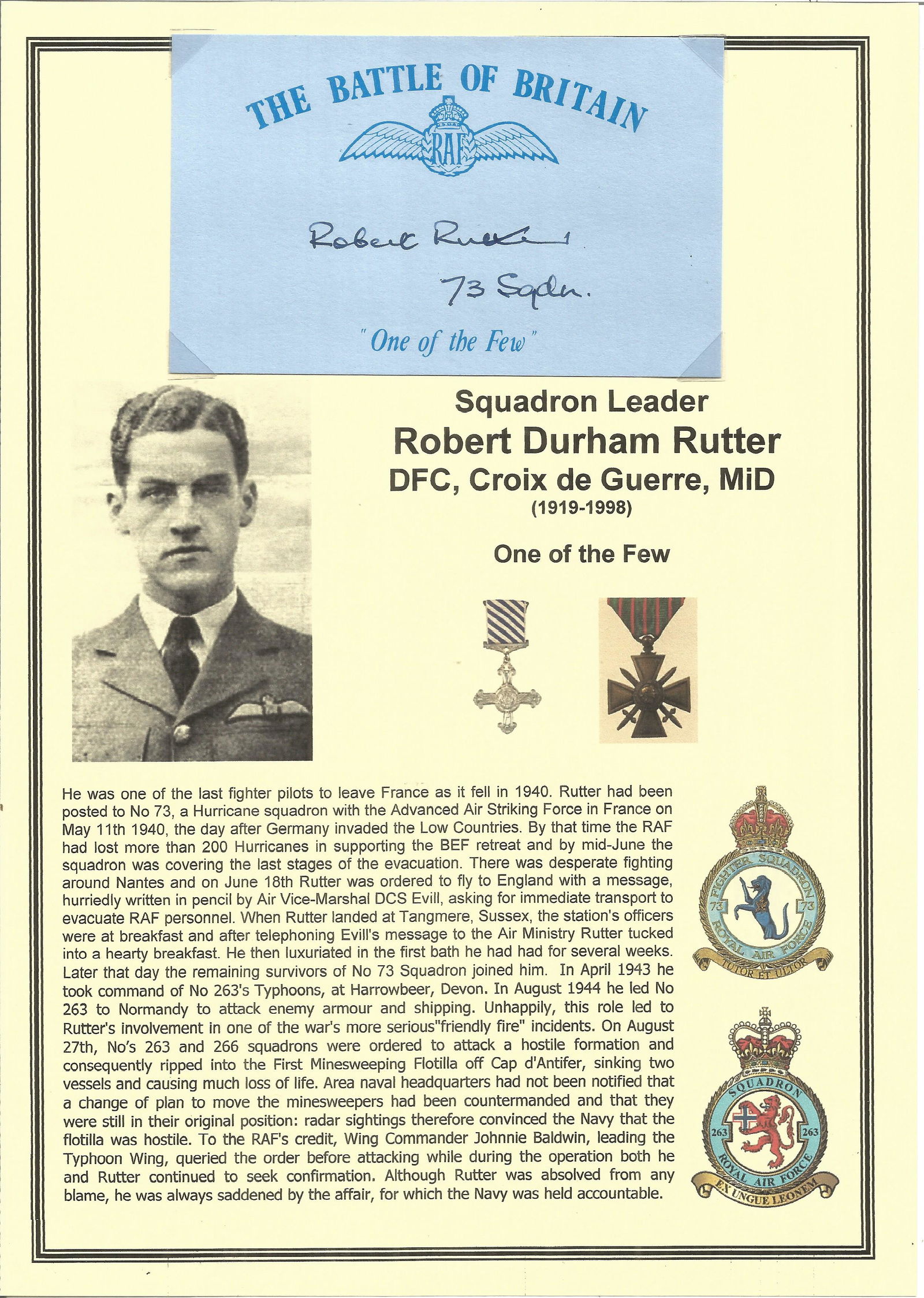 WW2 BOB pilot. Squadron Leader Robert Durham Rutter - Aug 06, 2021 ...