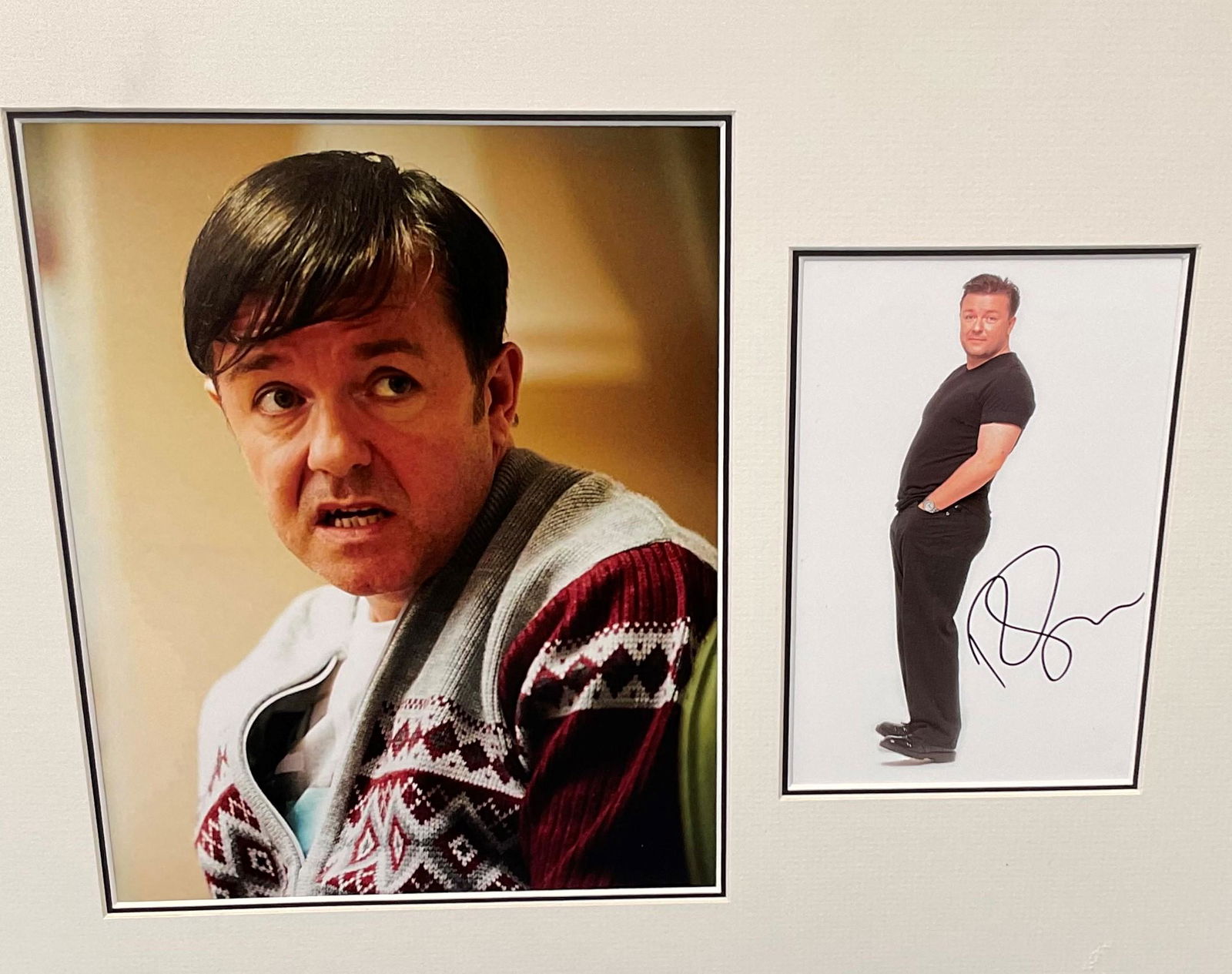 Ricky Gervais autograph presentation. Mounted with one (#0593) on Oct ...